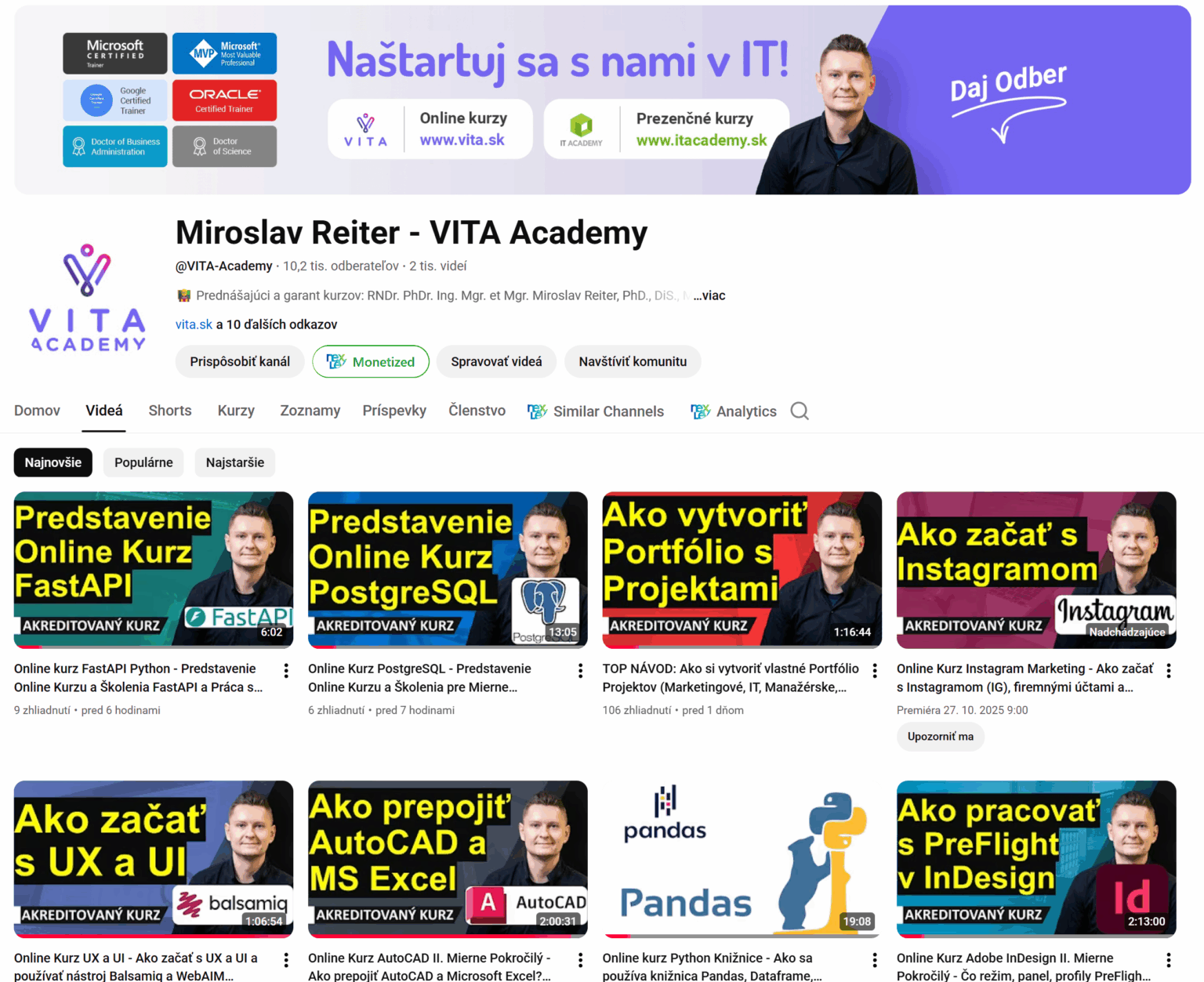 Už máme 2000+ videí a ukážok online kurzov na YouTube a ocenenie od vidIQ | VITA